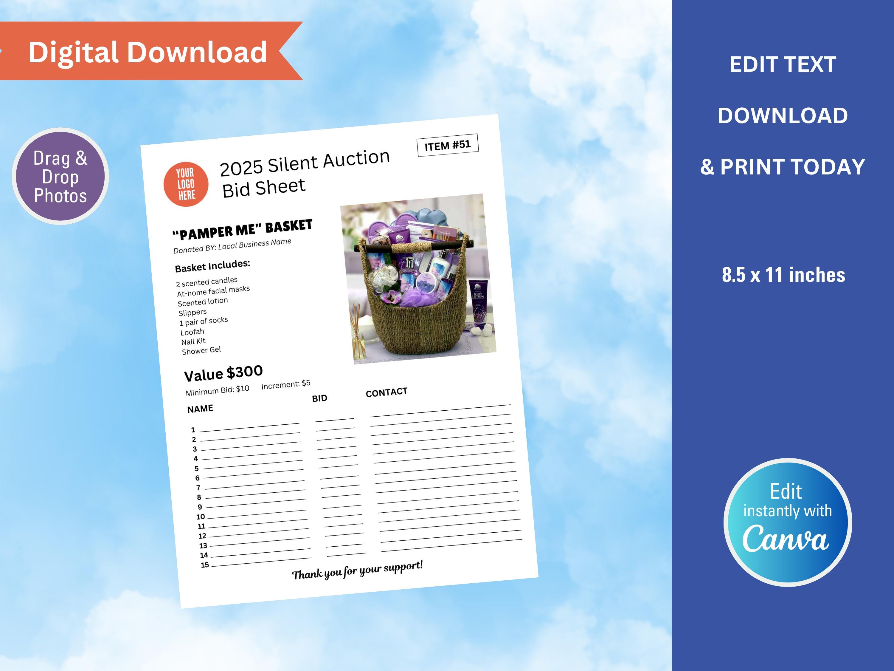 Silent Auction Bid Sheet – Editable Canva Template | Fundraiser ...