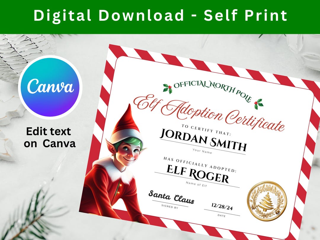 Editable Elf Adoption Certificate Instant Download Editable in Canva - Etsy