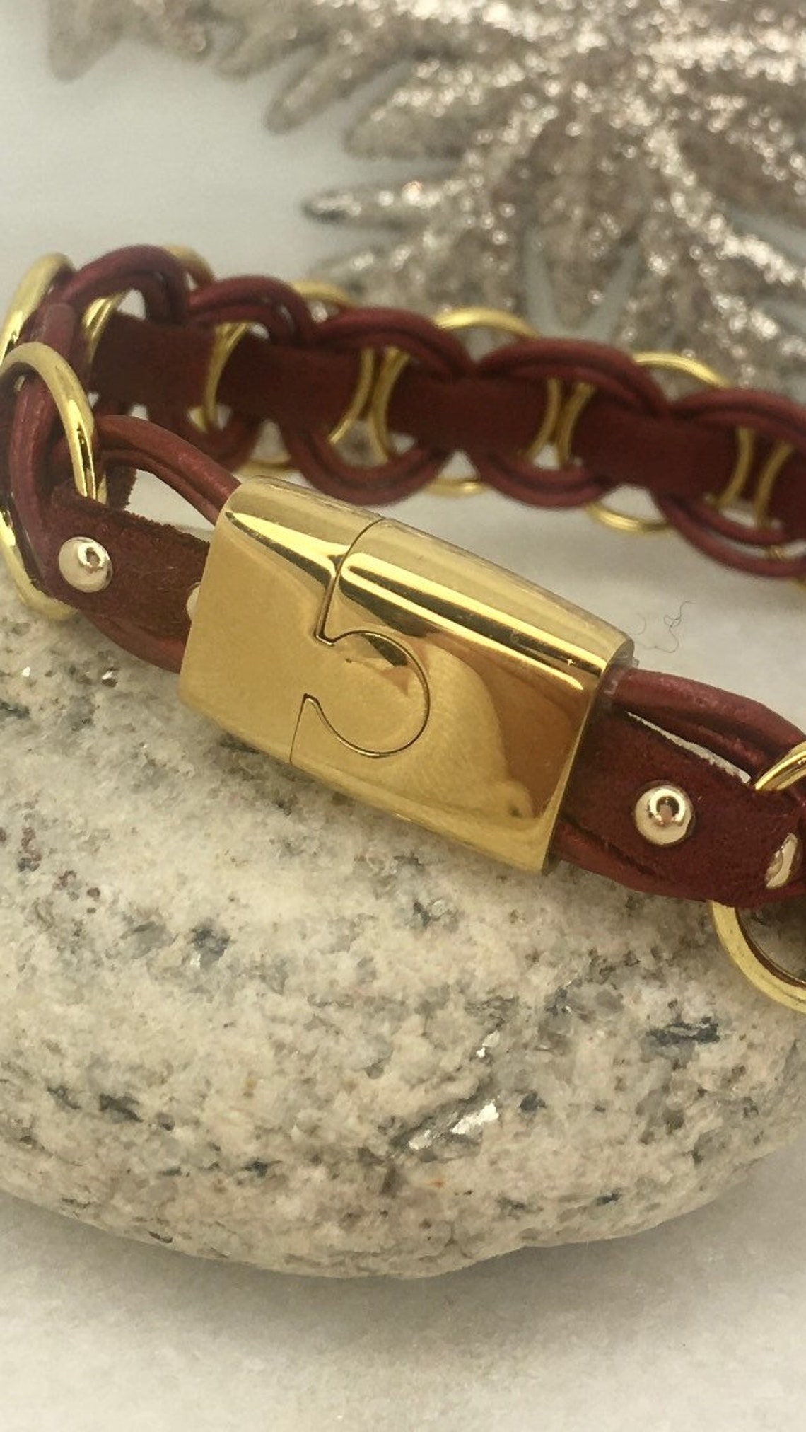 Red Leather Bracelet for Women Leather Bracelet With Gold - Etsy Norway