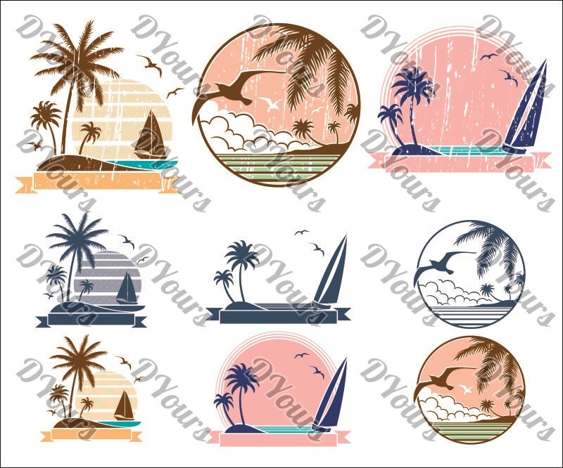 Retro Beach Vector Clipart Svg Cdr Ai Pdf Files Palms Sailing Boat Sun ...
