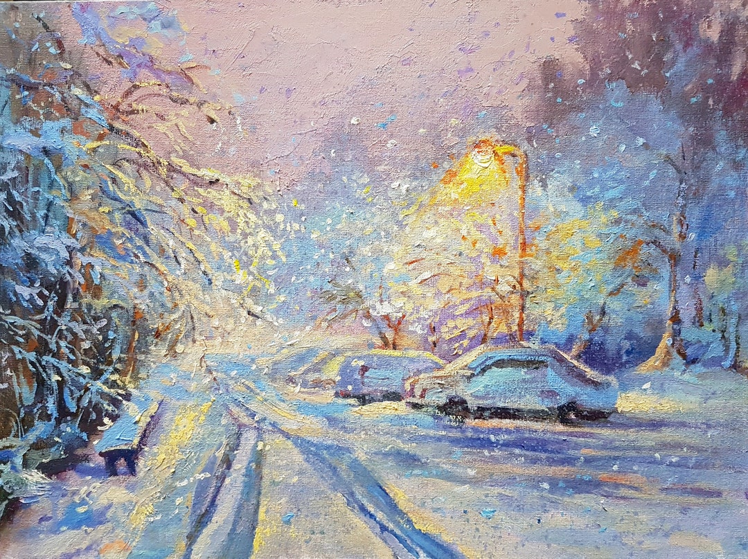 Snow Painting Original Oil Artwork Winter City Scene Snowfall Painting ...