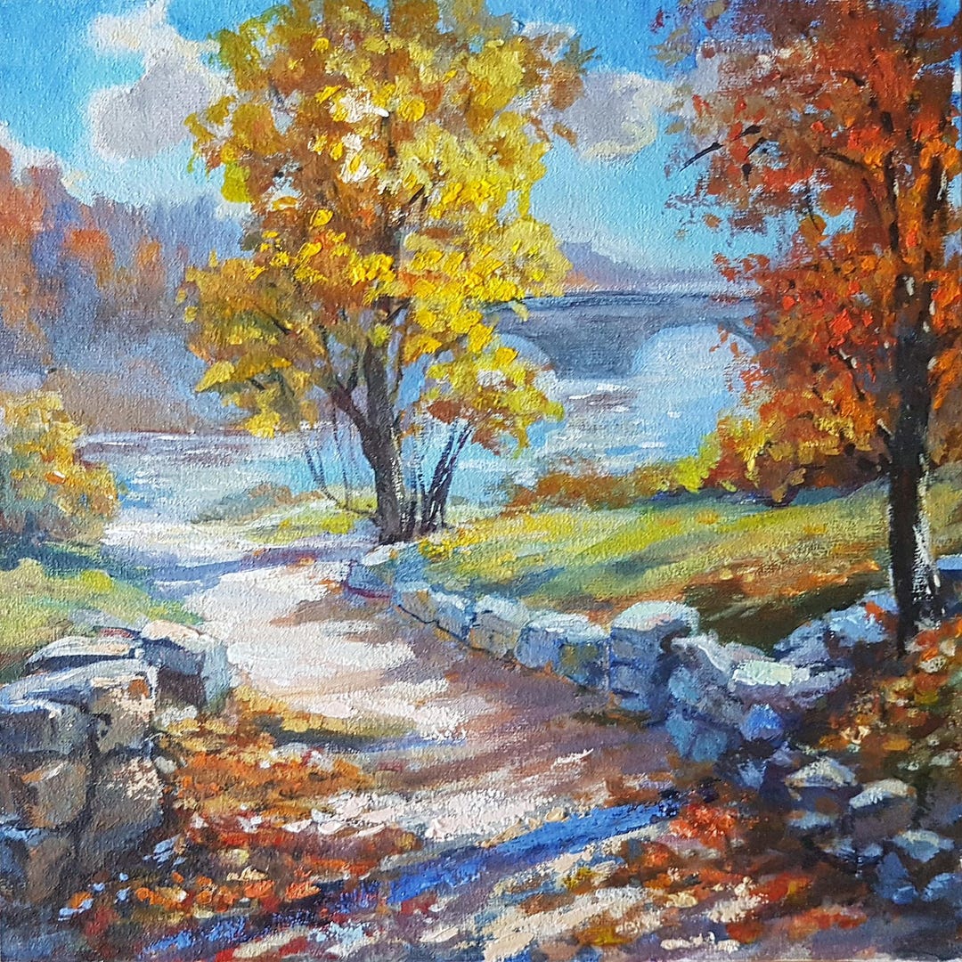 Autumn Landscape Painting: River Bridge, Vibrant Fall Foliage (10x10 ...
