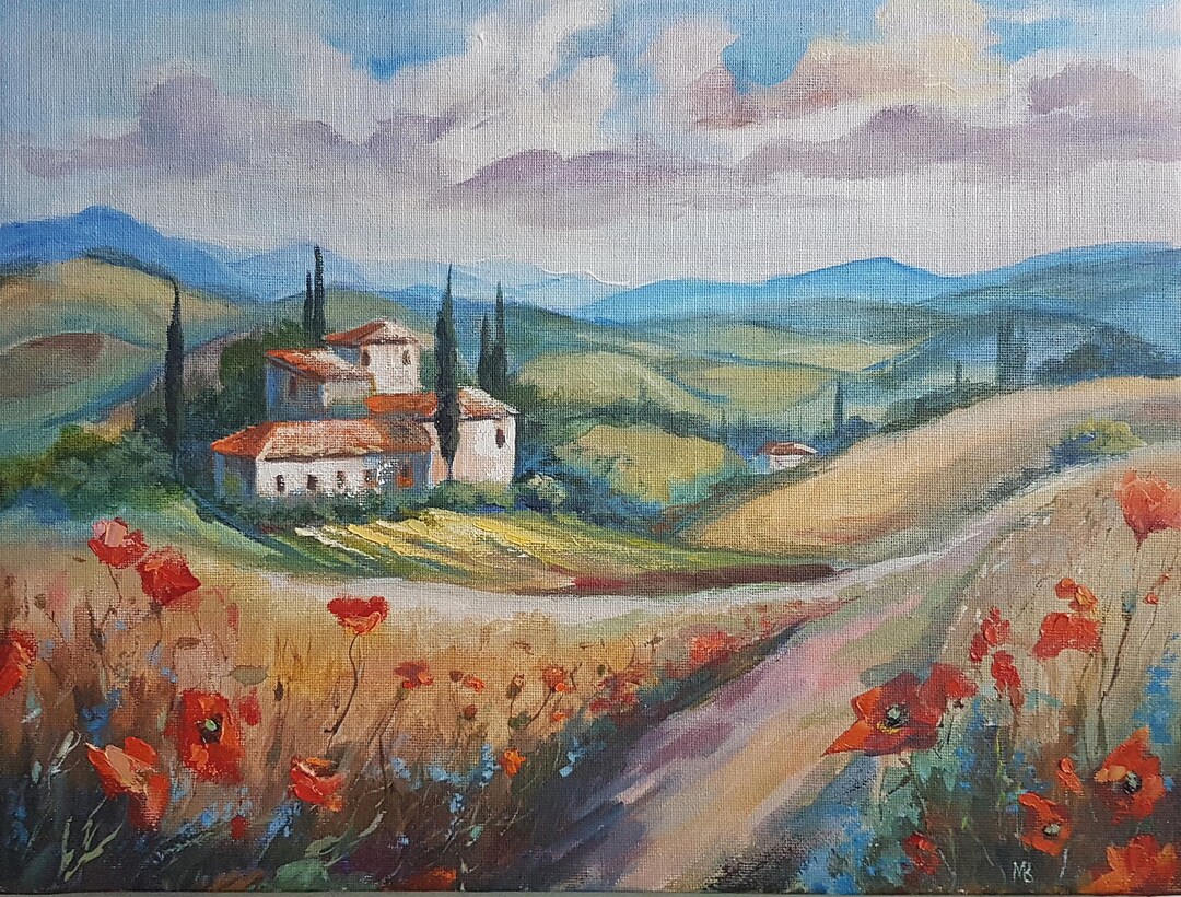Tuscany Fields Painting Original Art Italian Farm Countryside Landscape ...