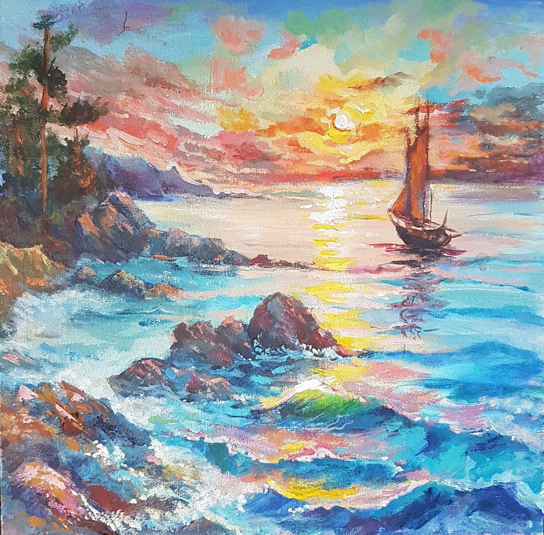 Seascape Original Ocean Sunset Painting Sailboat Nautical Decor Wall ...