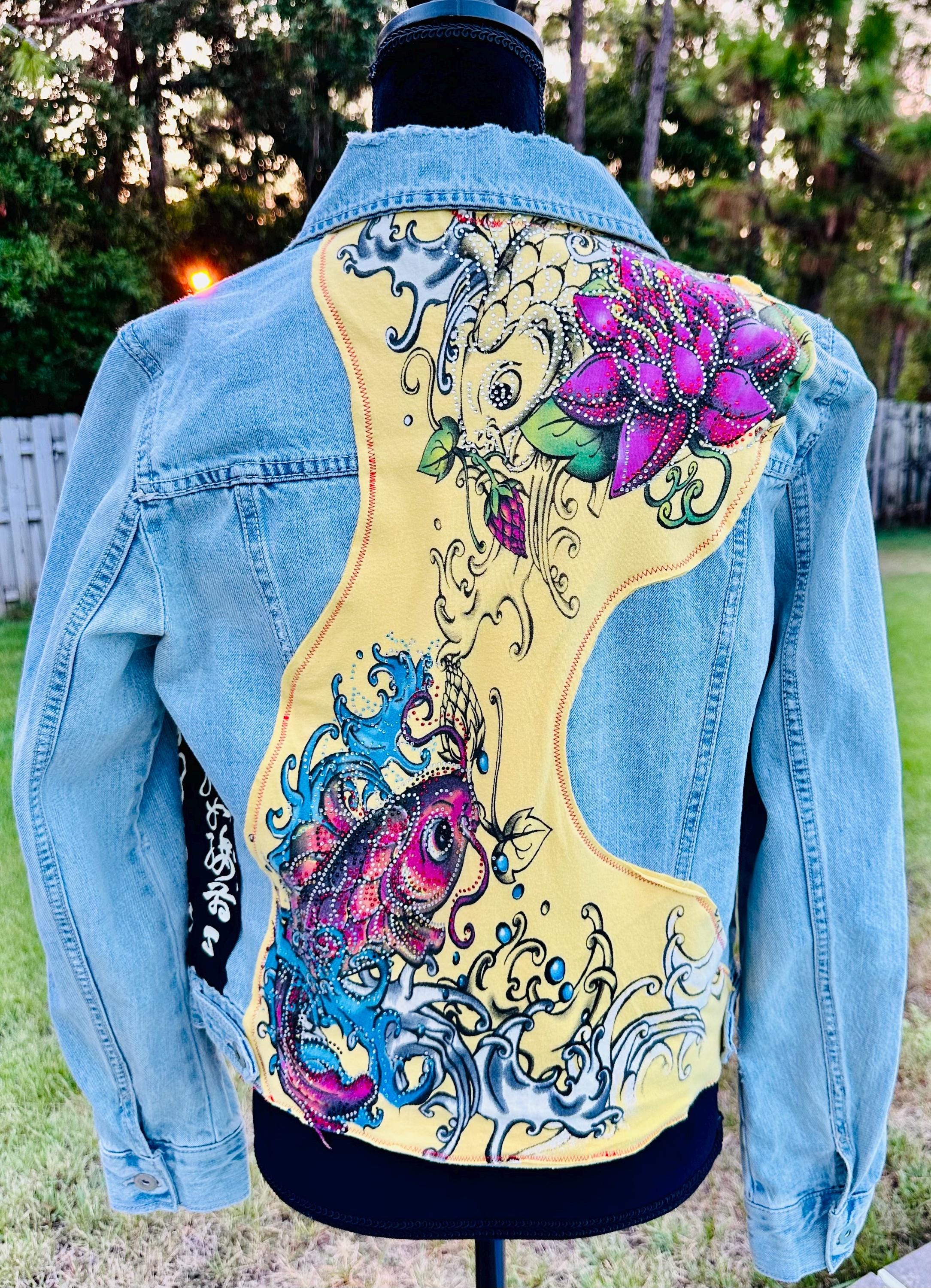 Koi Fish , Lotus Flower, Asian, Sparkles Long Sleeve Denim Jacket With ...