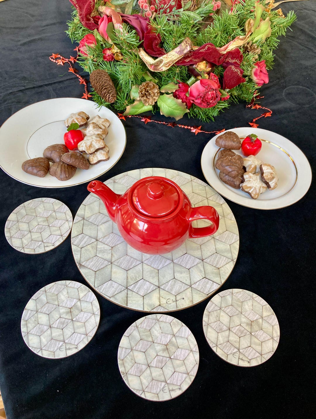 Scandinavian Melamine Teapot Stand & Coasters Set Neutral Green and ...