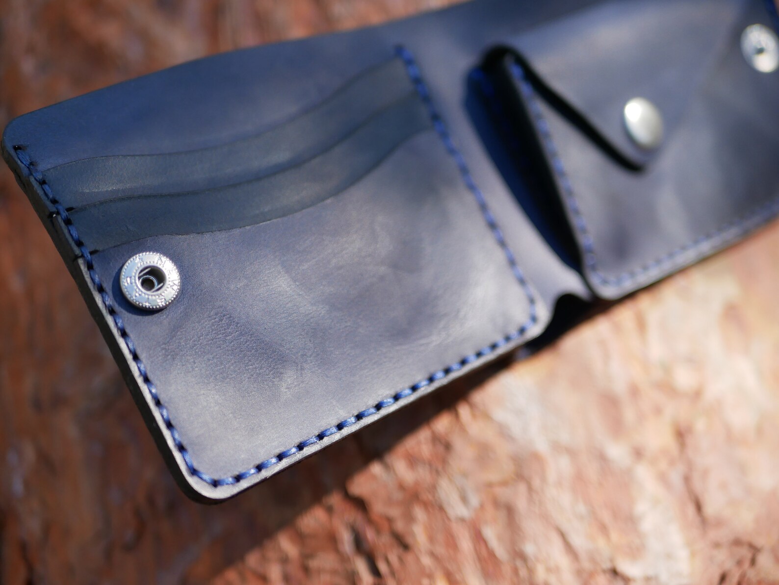 Leather dark blue wallet with a compartment for coins | Etsy