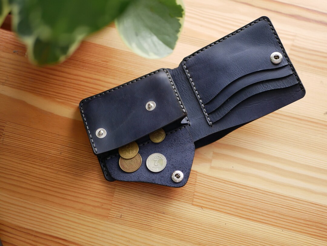 Leather Dark Blue Wallet With a Compartment for Coins, Personalized ...