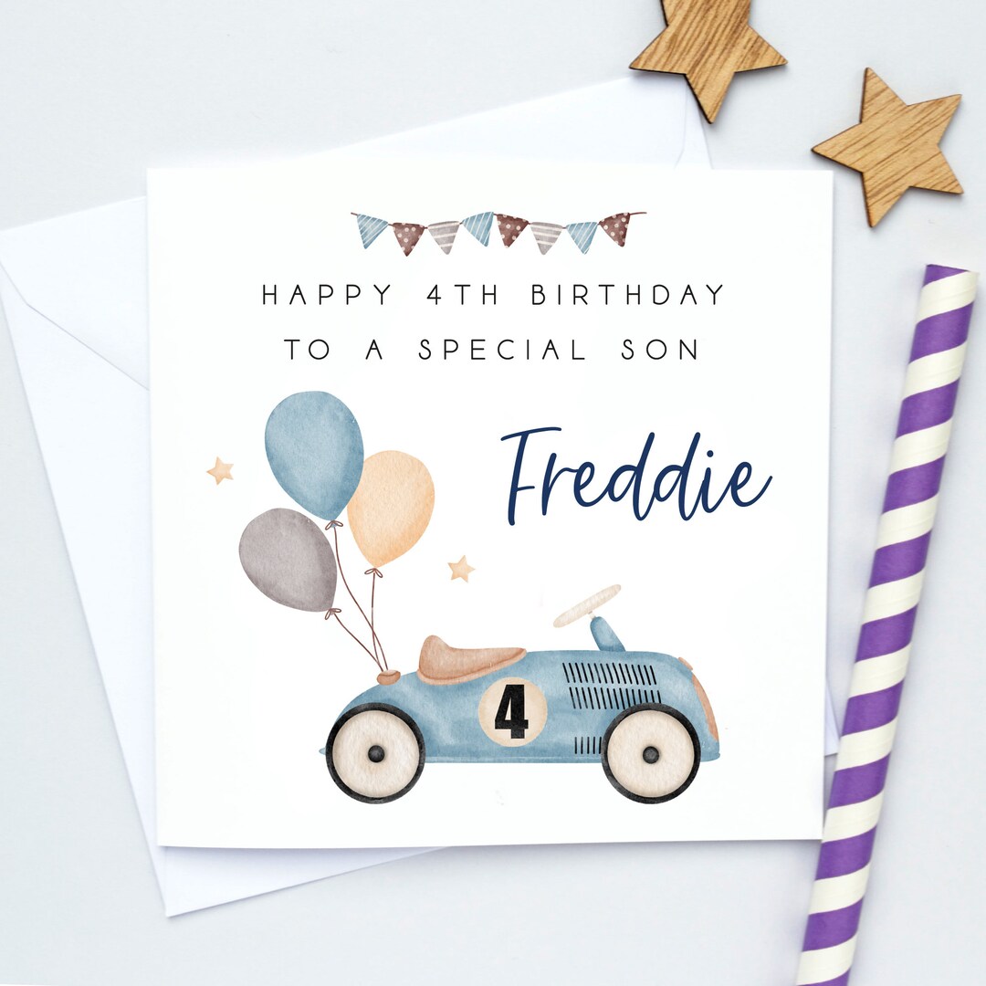 Race Car 4th Birthday Card Boys, Grandson Fourth Birthday Card, Card ...