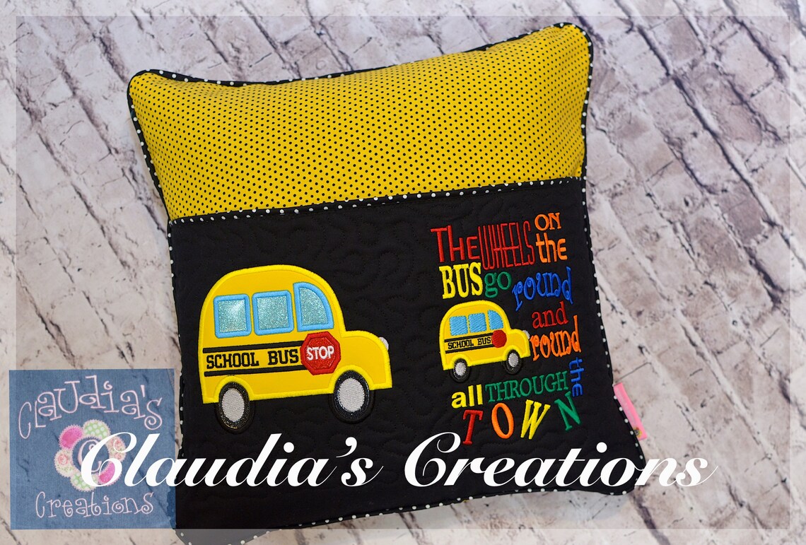 The Wheels on the Bus Complete Embroidery Set, School Bus Pocket Pillow ...