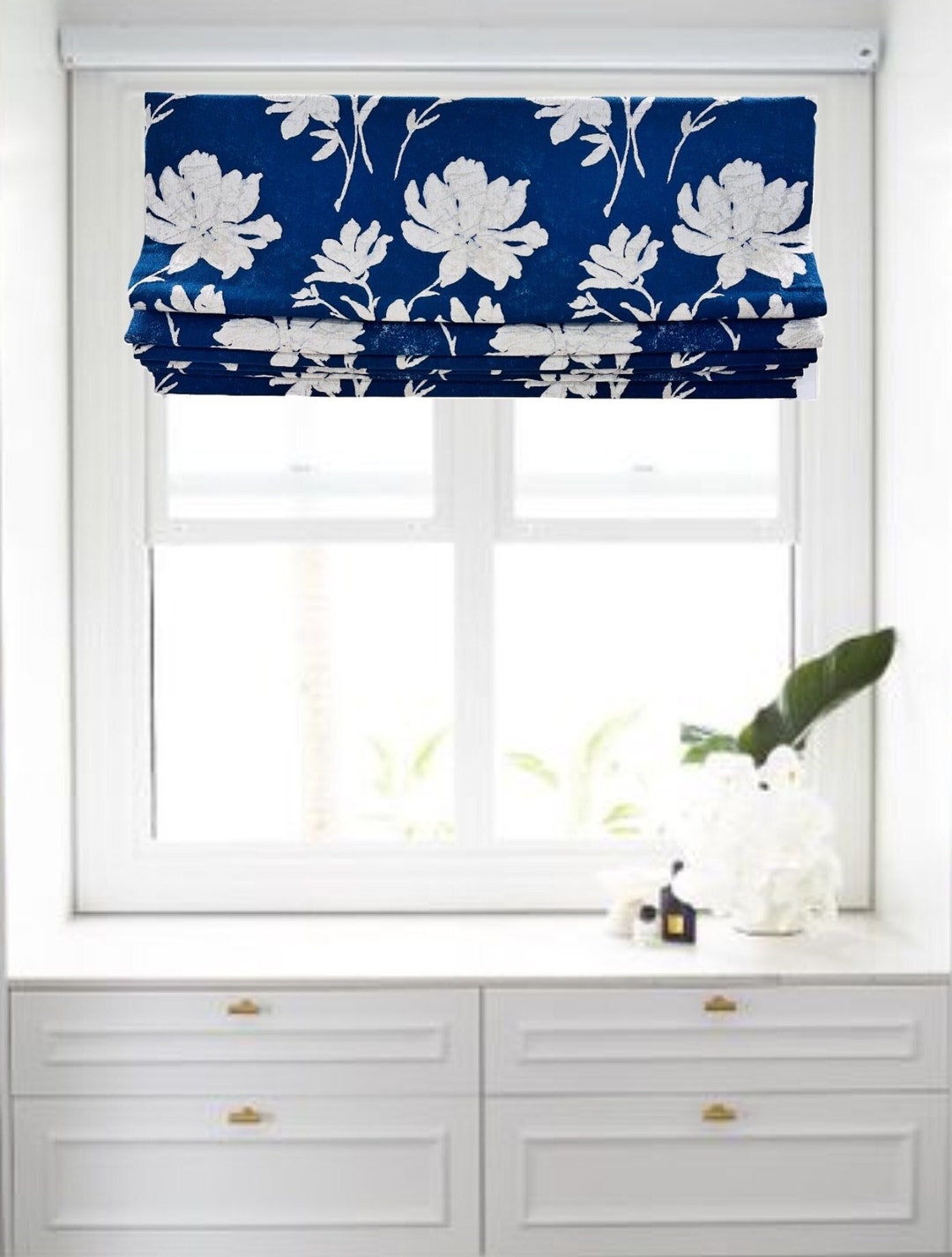 Custom Scalamandre Flore Batik in Indigo Roman Shades With Cord Lock ...