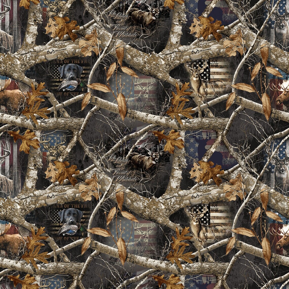 Realtree Fabric Patriotic Labrador & Flag Allover in Black 100% Cotton ...