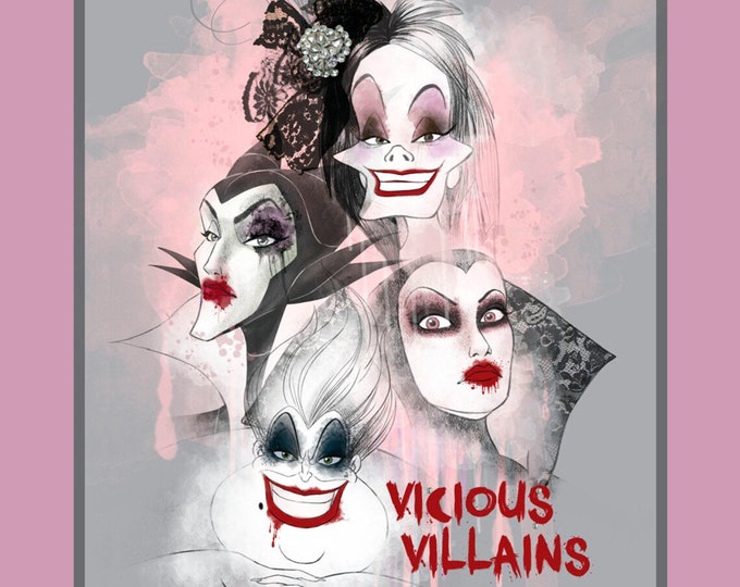 Disney Fabric Panel Vicious Villains in Pink 100% Cotton Fabric From ...