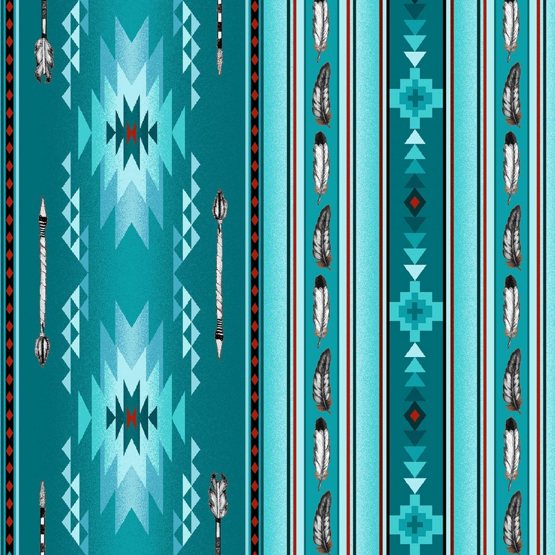 Native Spirit Arrows and Feathers in Turquoise 100% Cotton Fabric From ...