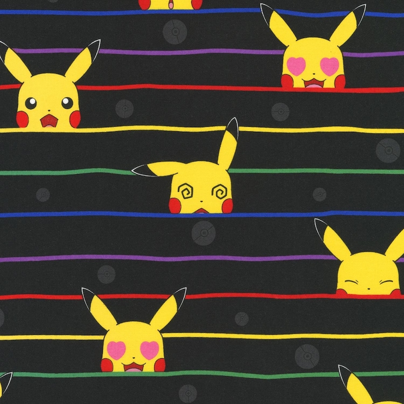 Nintendo Fabric Pokemon Pikachu Faces Stripes on Black 100% Cotton ...