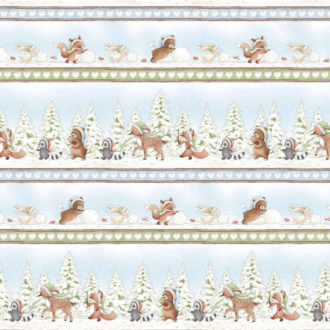 Snow Day Fabric Winter Forest Friends Stripe in Multi Premium Quality ...