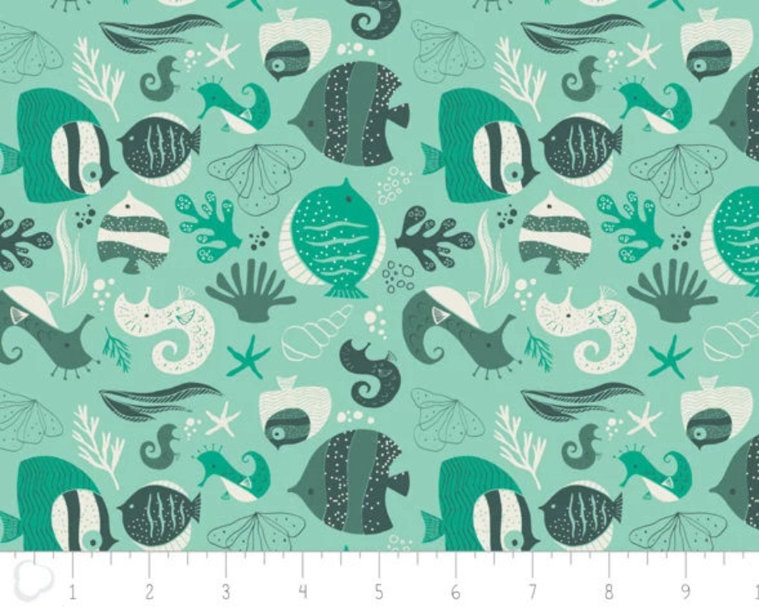 Under the Sea Fabric Fish in Light Teal Premium Quality 100% Cotton ...