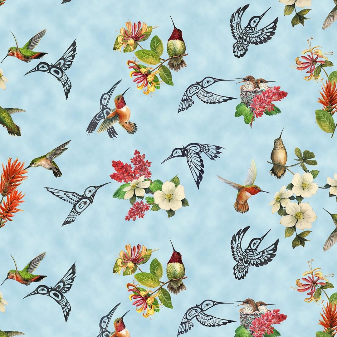 Hummingbird Vision Fabric With Tribal Hummingbirds in Blue 100% Cotton ...