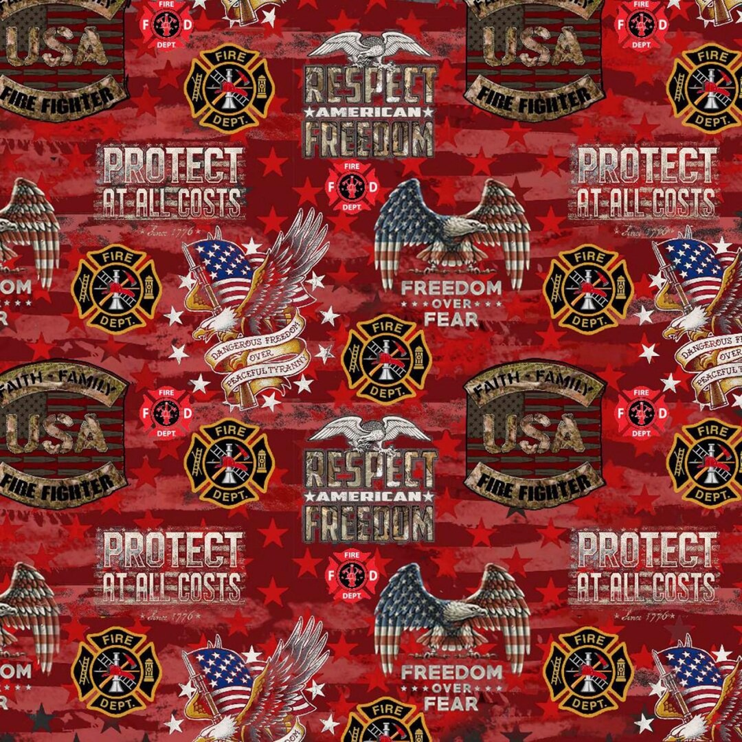 Firefighter Camo Flag Logos on Red Fabric 100% Cotton Fabric From Sykel ...