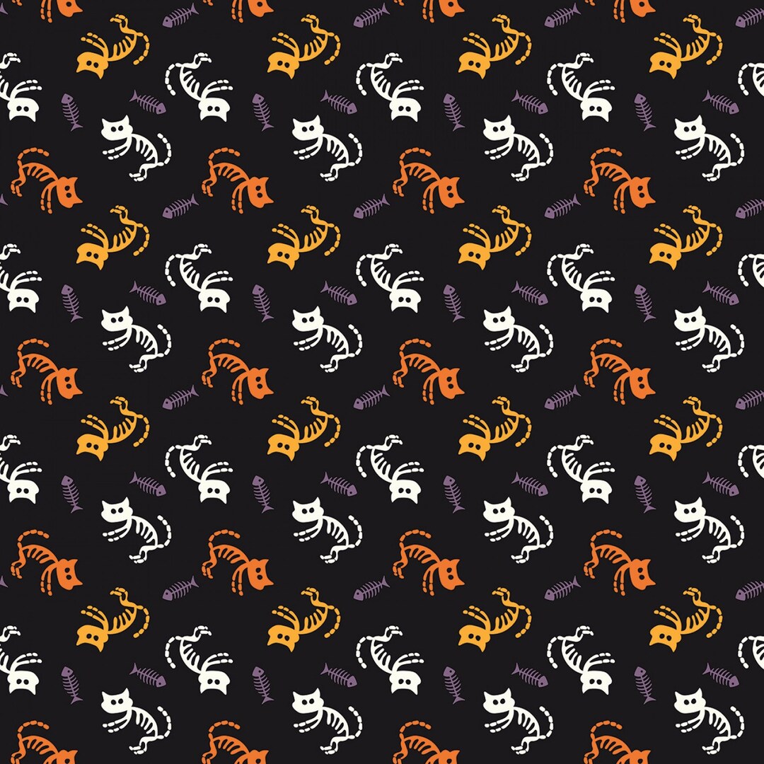 Beggar's Night Fabric Colorful Cat Skeleton Toss in Black 100% Cotton ...