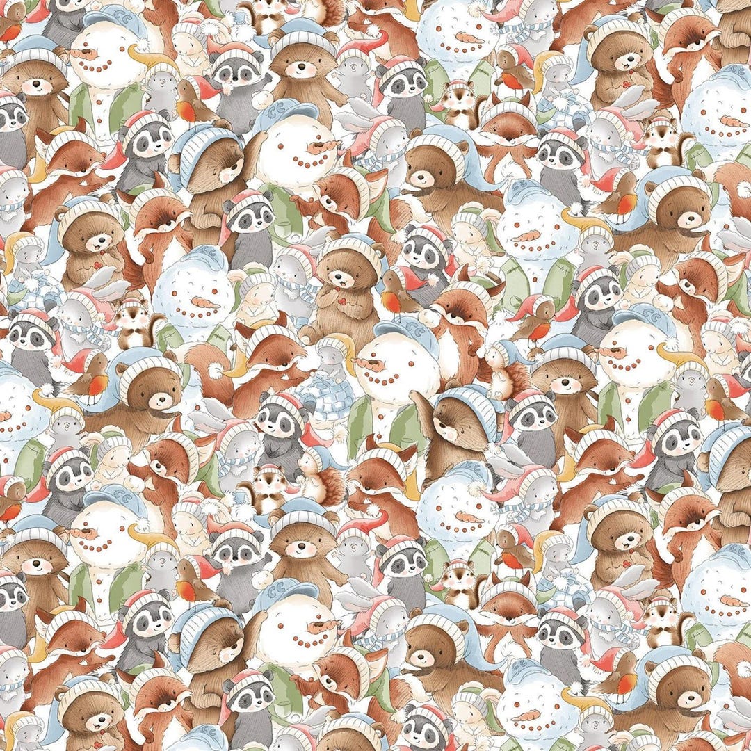 Snow Day Fabric Packed Forest Animals in Multi 100% Cotton Fabric From ...