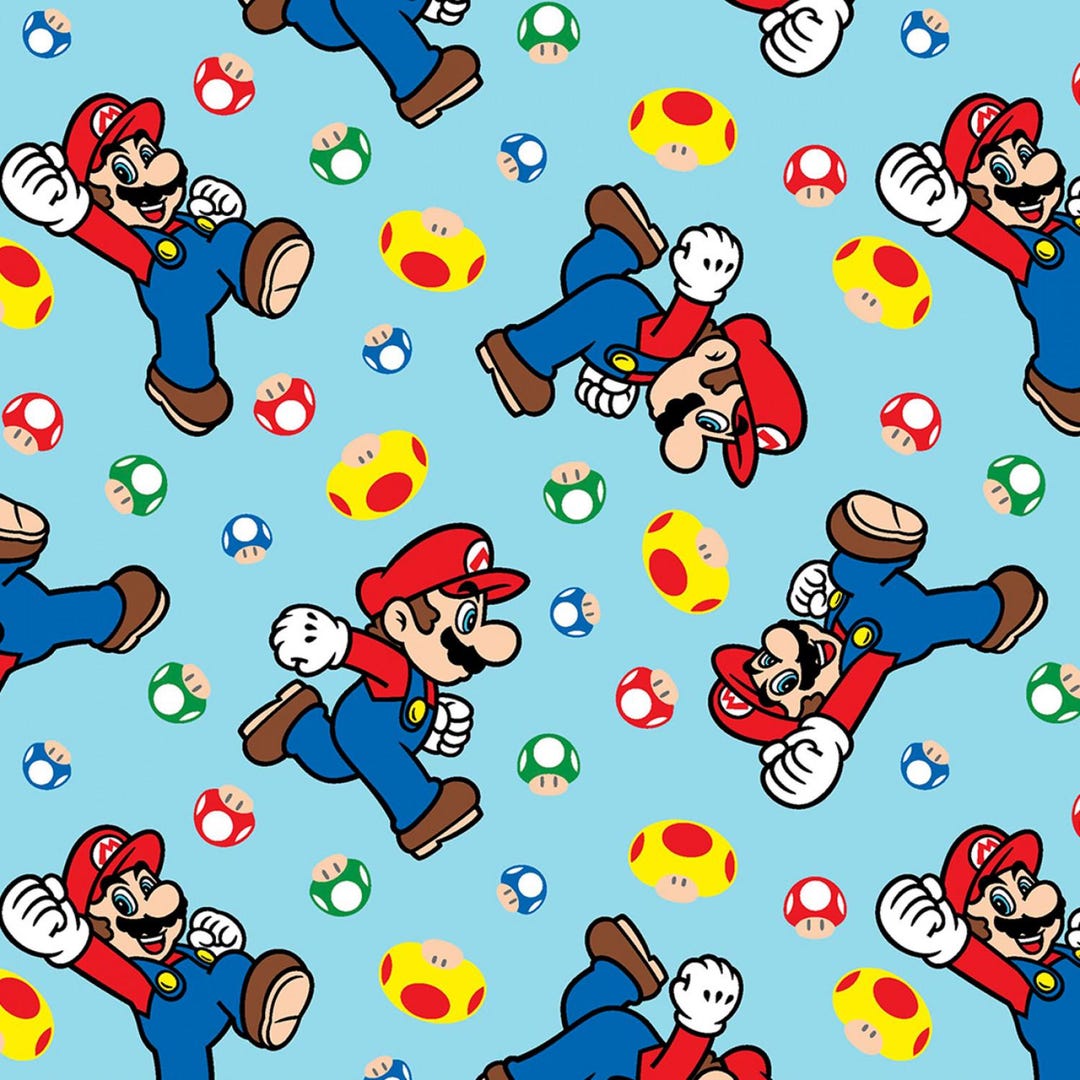 Nintendo Fabric Super Mario Bros Mario and Mushroom Toss on Blue 100% ...