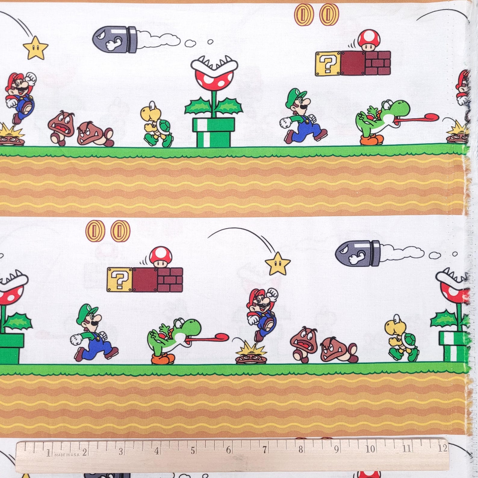 Nintendo Fabric Super Mario Bros Side Scroller Stripe on White 100% ...