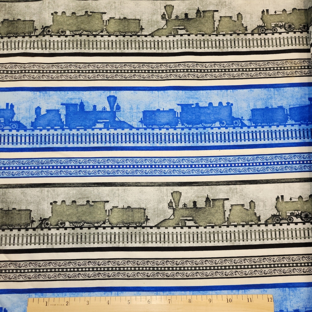Full Steam Ahead Blue Train Stripe 100% Cotton From Quilting Treasures ...