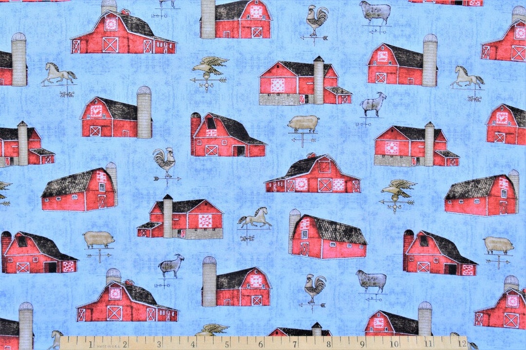 Farm Fabric Bountiful Barns in Blue Premium Quality 100% Cotton Fabric ...