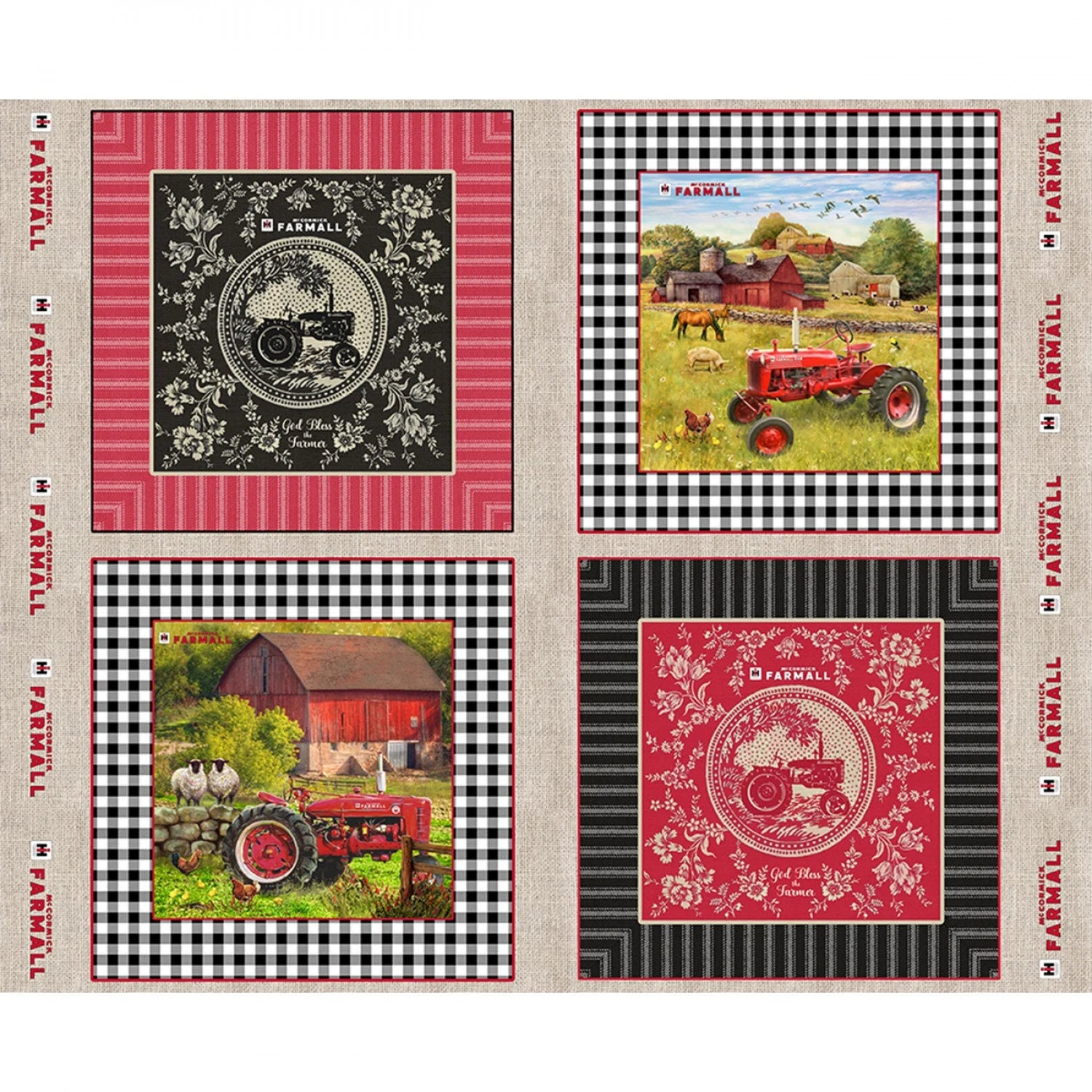 Farmall Fabric Pillow Panel Sweet Farmhouse Gingham and Toile Premium ...