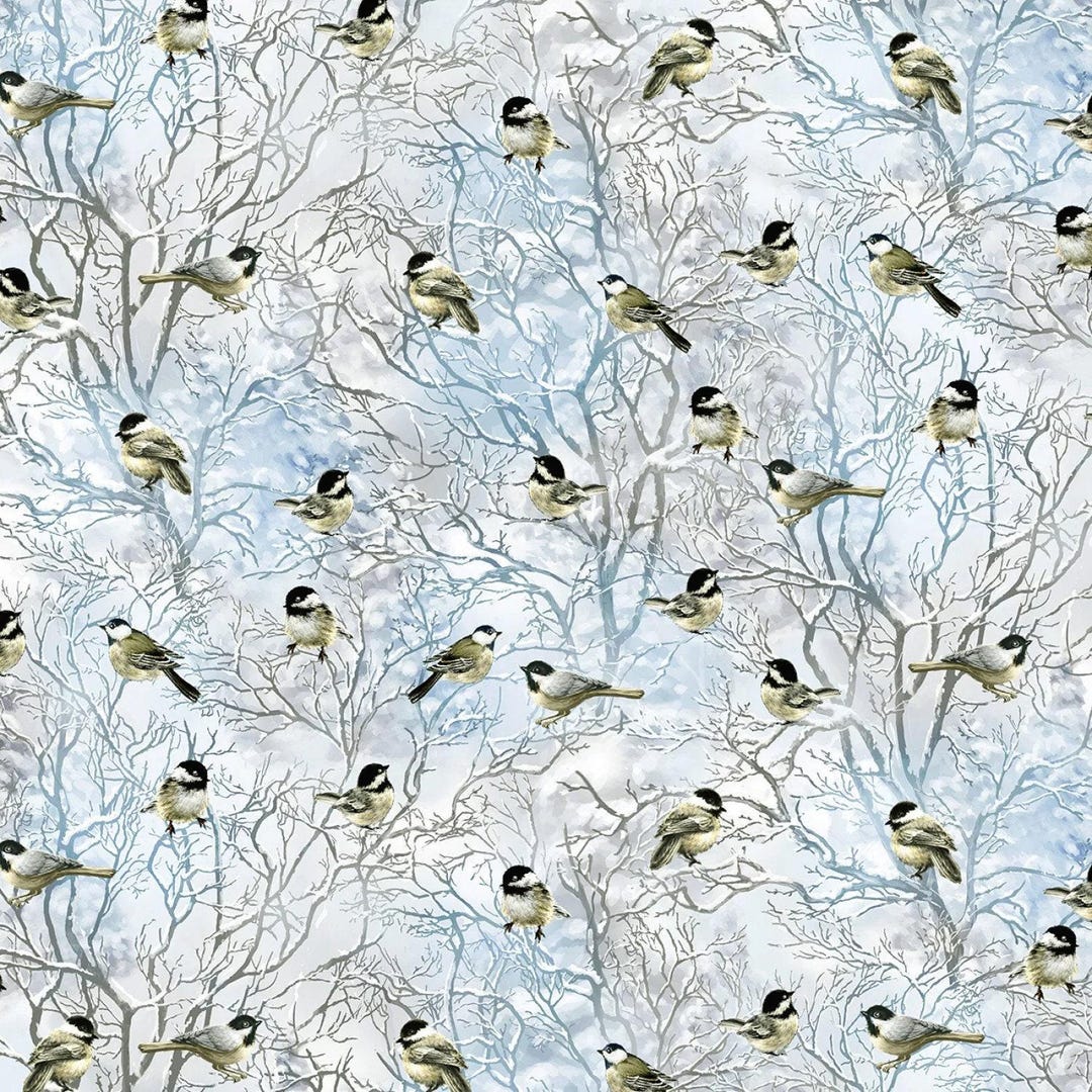 Tree Farm Fabric Birds on Snow Branches Chickadees and Birch Trees on ...