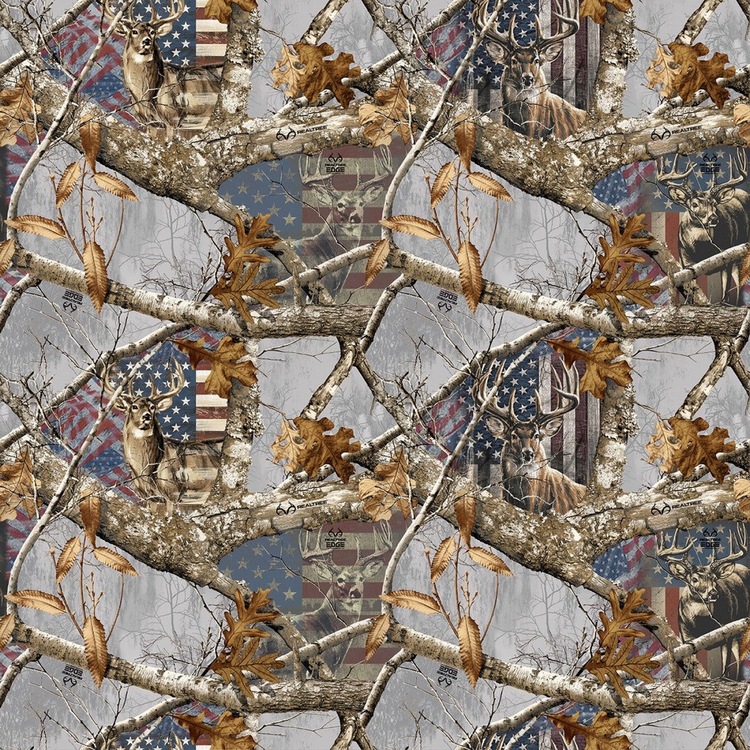Realtree Fabric Arctic Realtree Patriotic Deer & Flag Allover in Gray ...