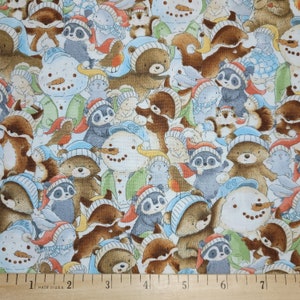 Snow Day Fabric Packed Forest Animals in Multi Premium Quality 100% ...
