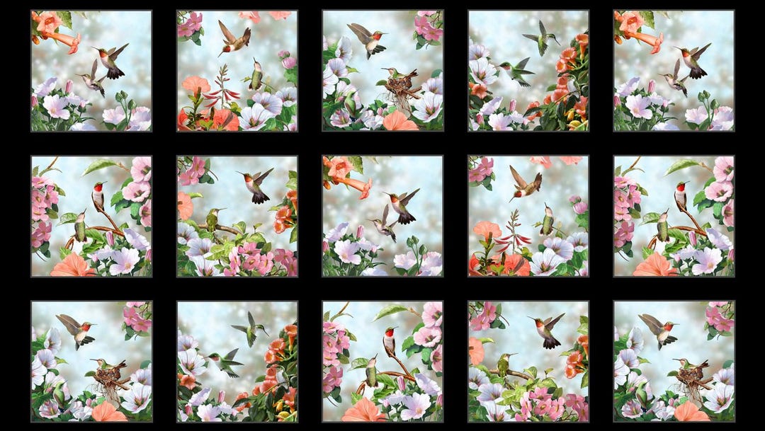 Dating Game Hummingbird Block Panel 24"x43" on Black 100% Cotton Fabric ...