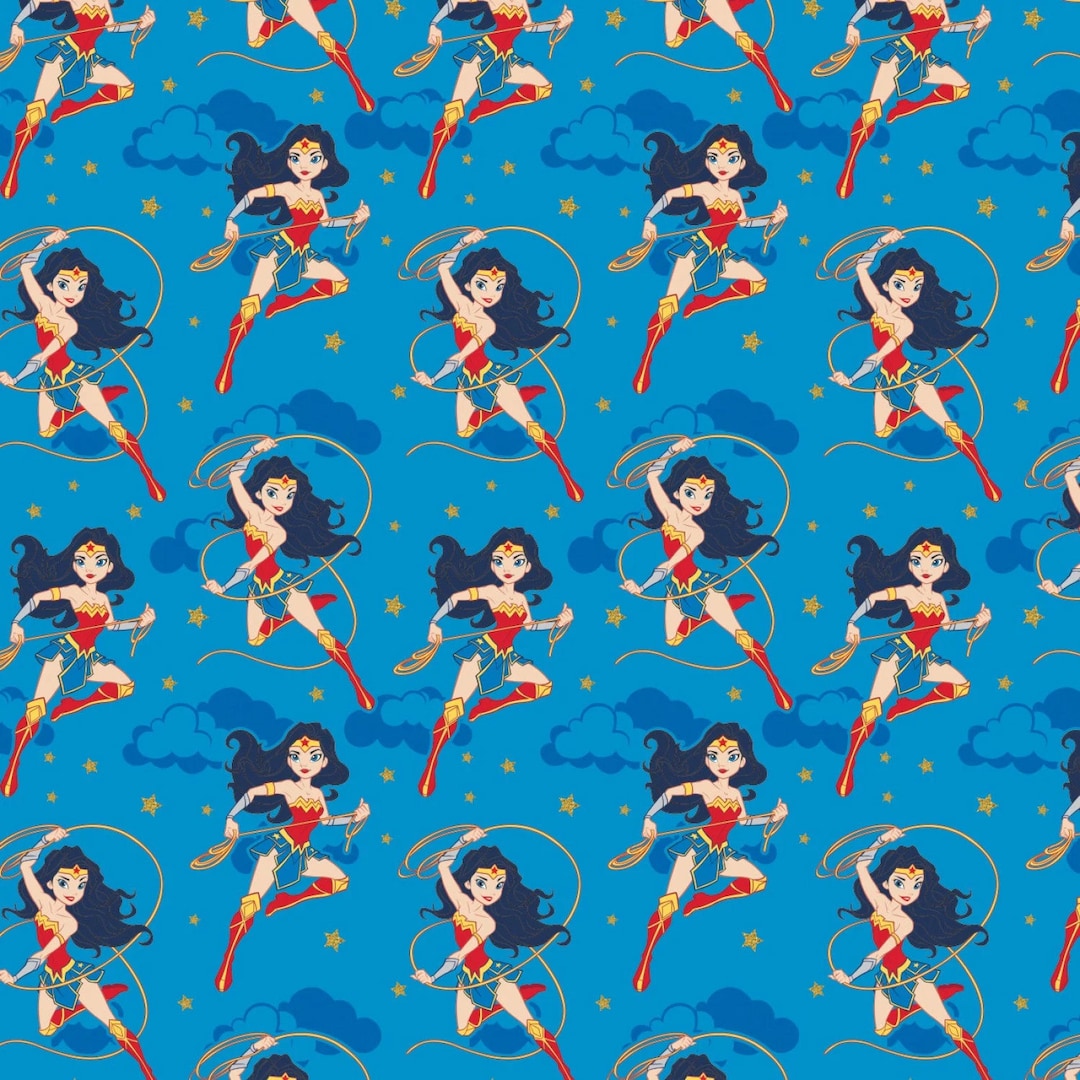 DC Comics Fabric Young Girl Heroes With Glitter in Blue Premium Quality ...