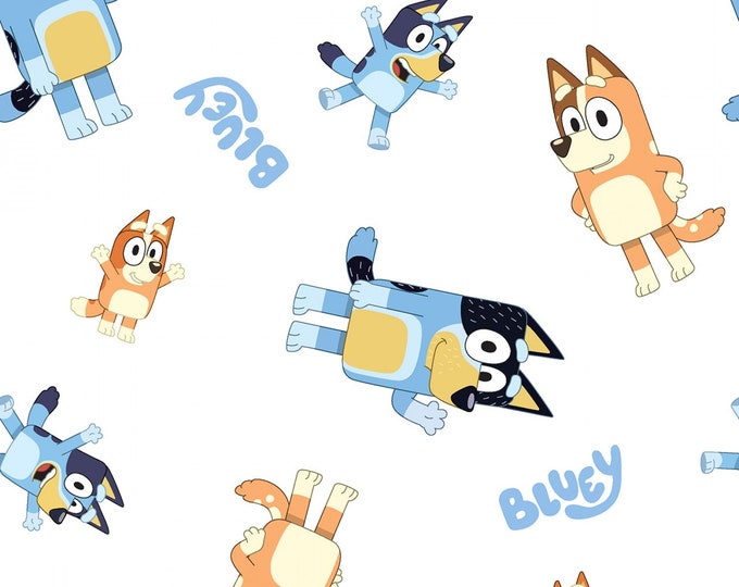 Bluey Fabric Disney Junior Bluey & Family logo toss en tela blanca 100% ...
