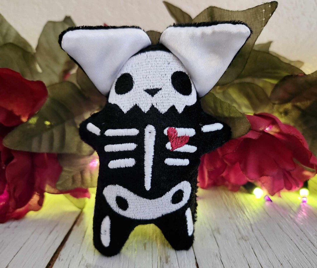Black Cat Skelly Plushie, Creepy Cute Halloween Stuffed Animal, Gothic ...