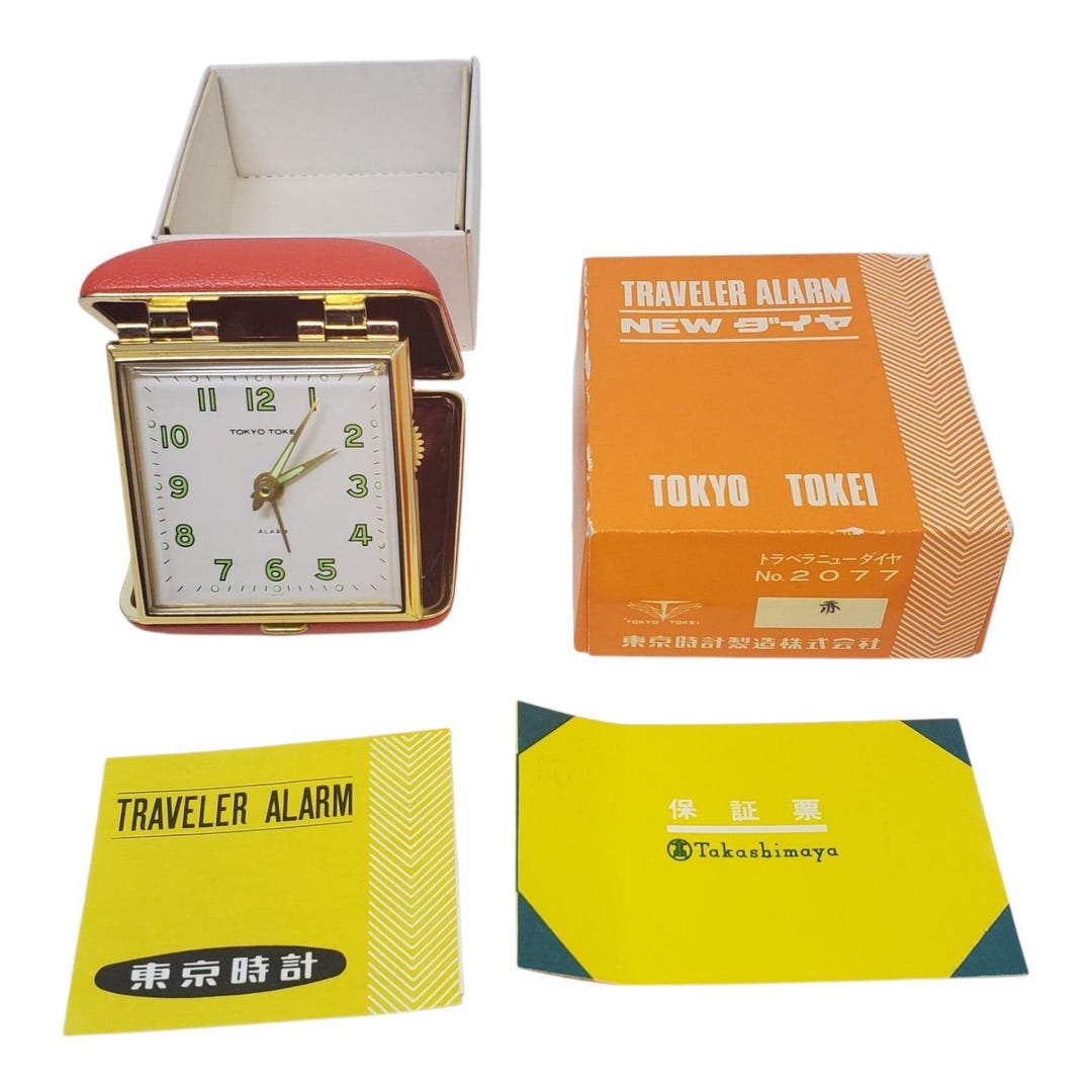 Tokyo Tokei Vintage Retro Travel Alarm Clock Red Gold 2 Jewel Japan Mcm ...