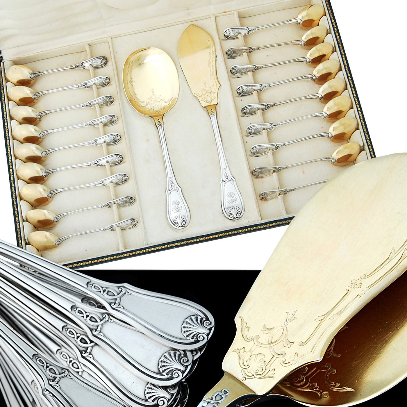 Boxed French Sterling Silver & Vermeil 20pc Ice Cream, Dessert Set 18 ...
