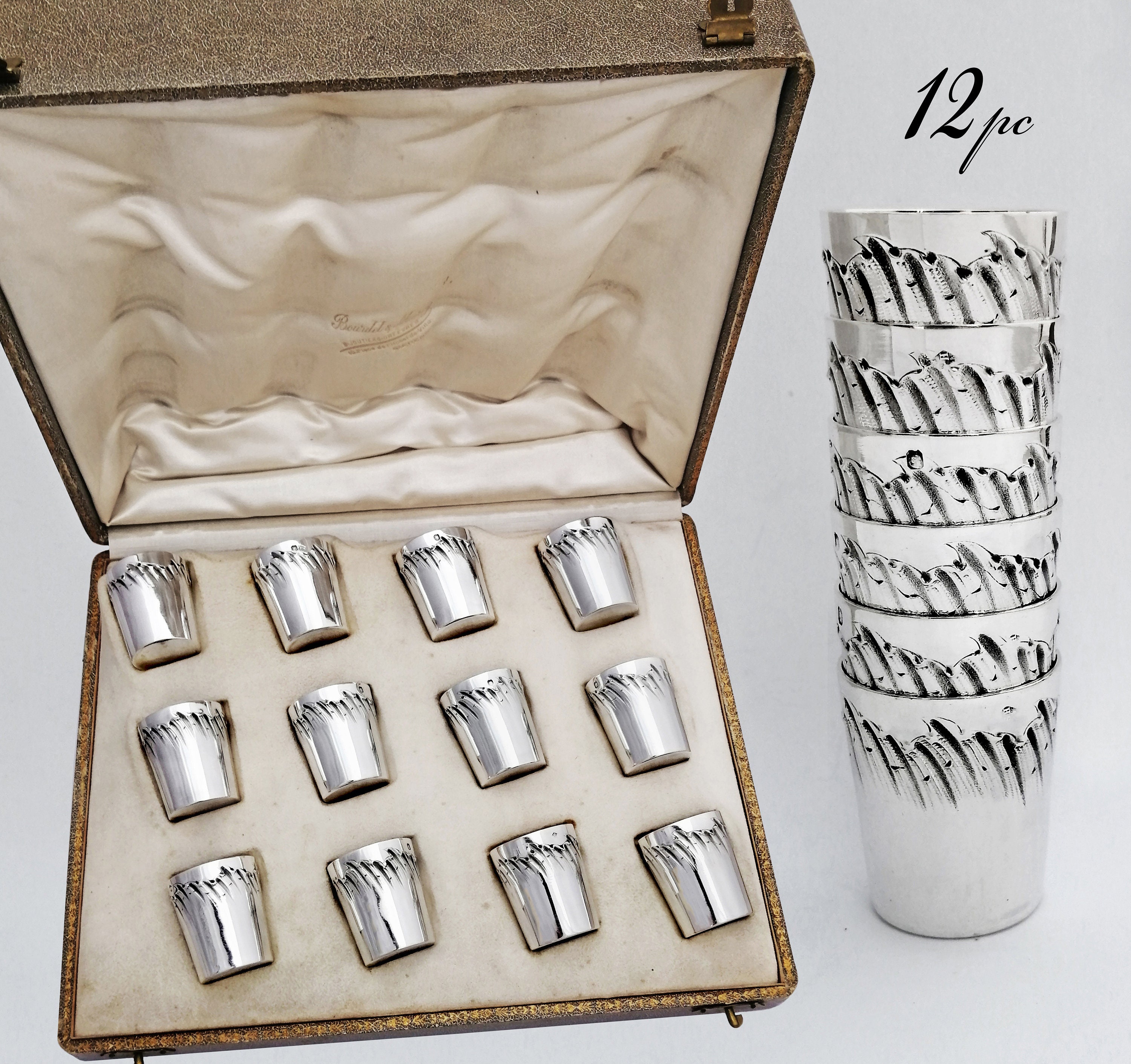 Boxed French Sterling Silver Liqueur Cups 12pc Rococo Decor H. Soufflot ...