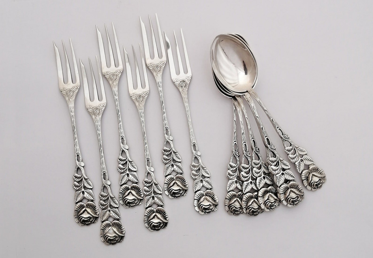 German .800 Solid Silver 12pc Set for Tea: Six Cake, Pastry Forks & Six ...