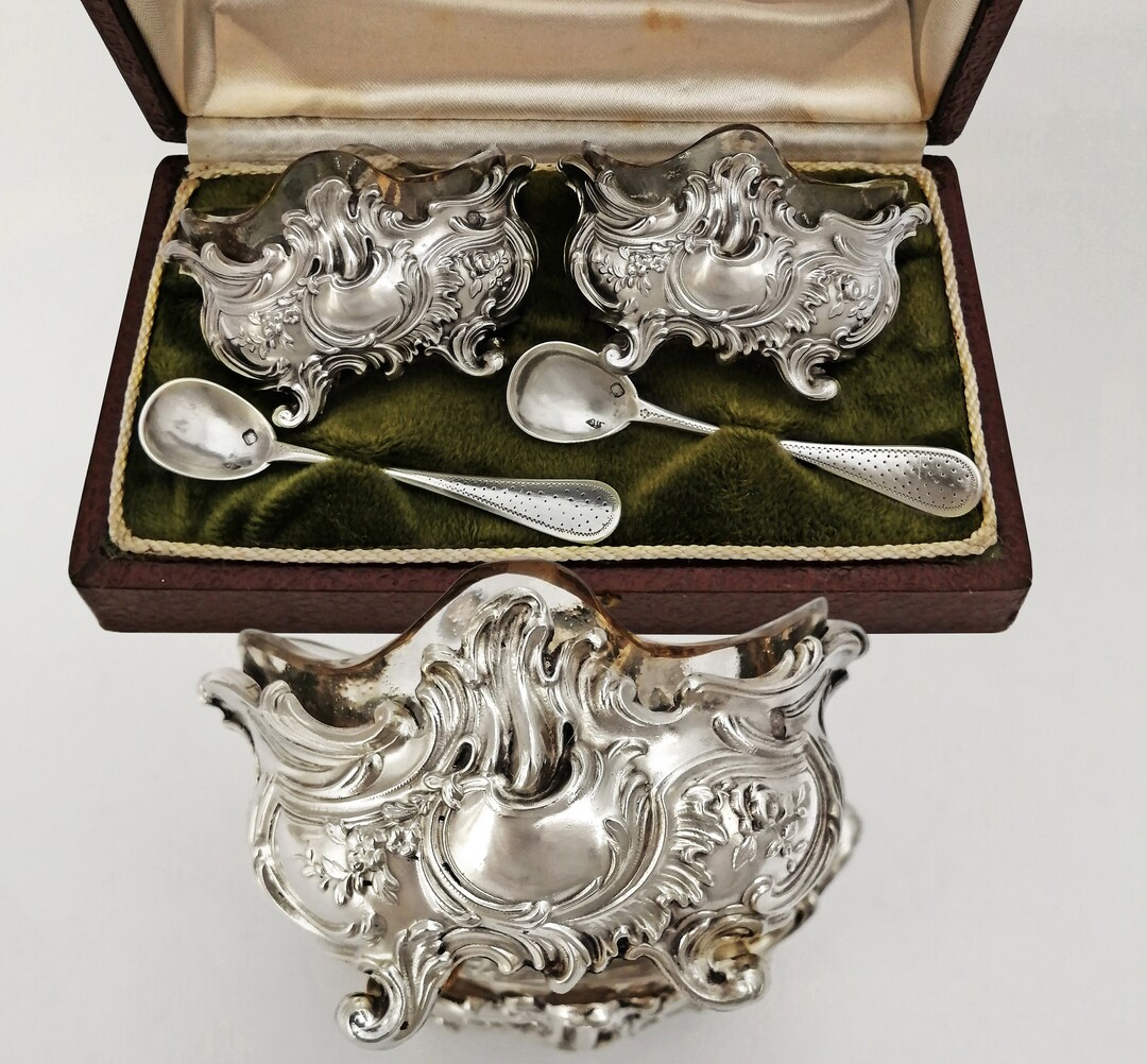 Boxed French Sterling Silver Salt Set: 2 Open Salt Cellars & 2 Salt ...