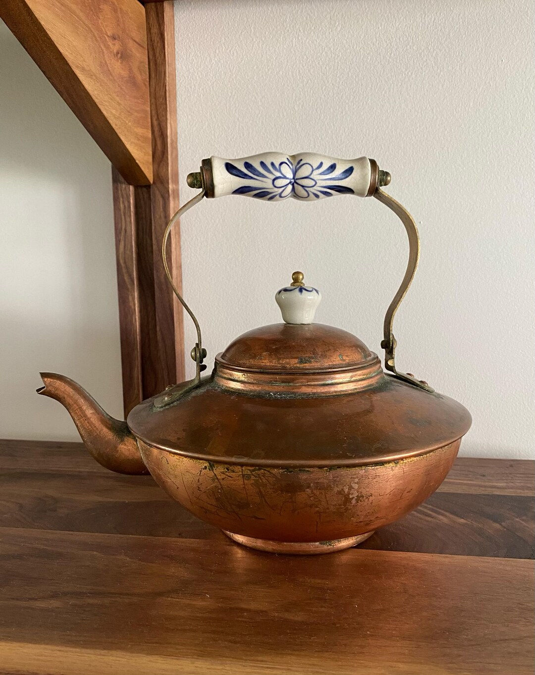 Vintage Copper Kettle Tea Pot With Delft Blue Flower Porcelain Handle ...