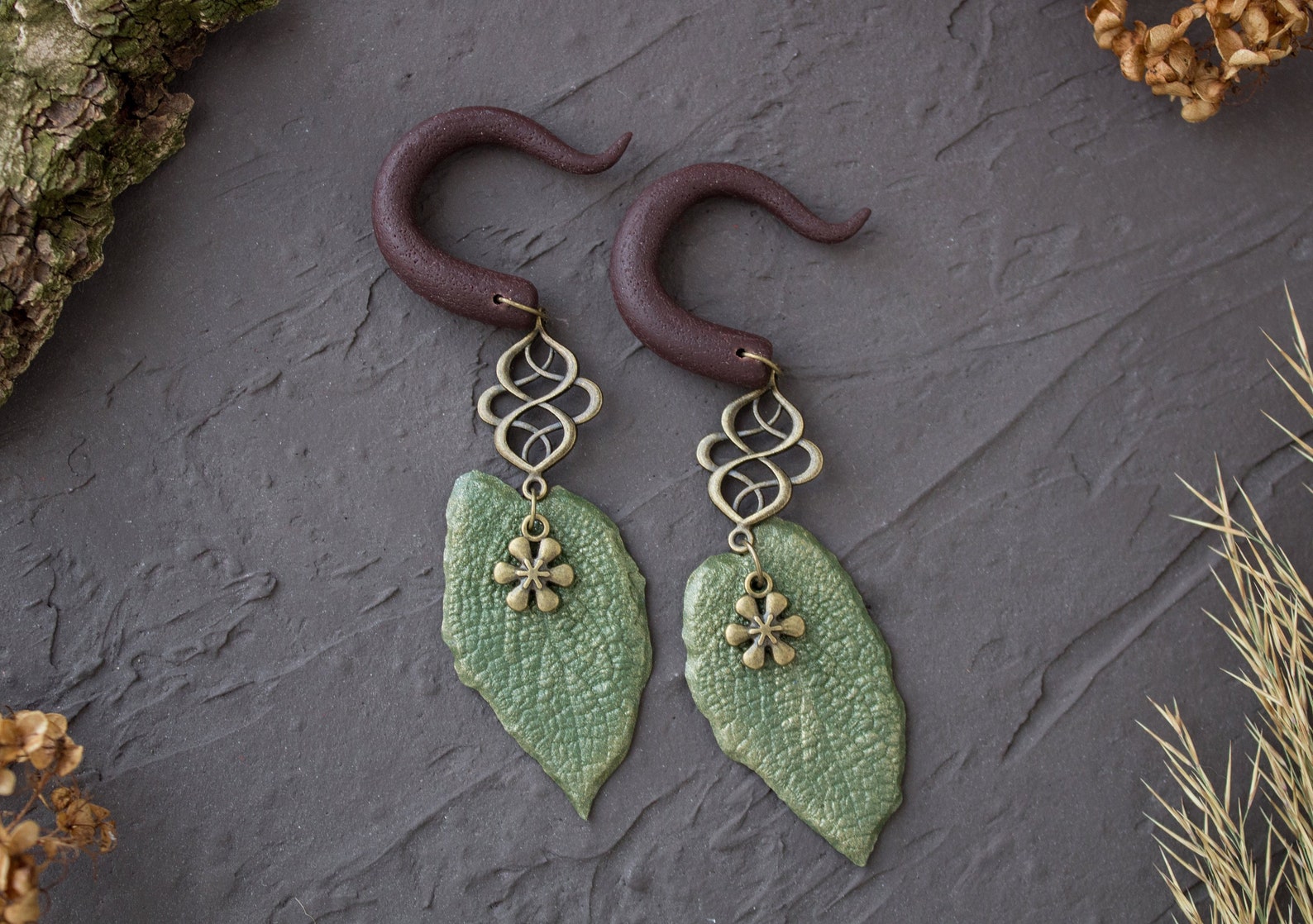 Dangle Ear Gauges Green Leaf Gauge Earrings Floral Ear Weights | Etsy