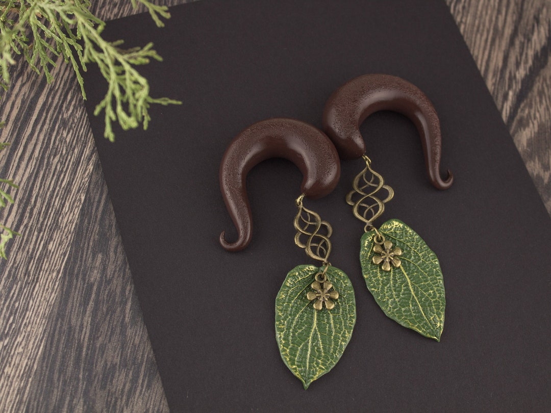 Dangle Ear Gauges Green Leaf Gauge Earrings Floral Ear Weights - Etsy