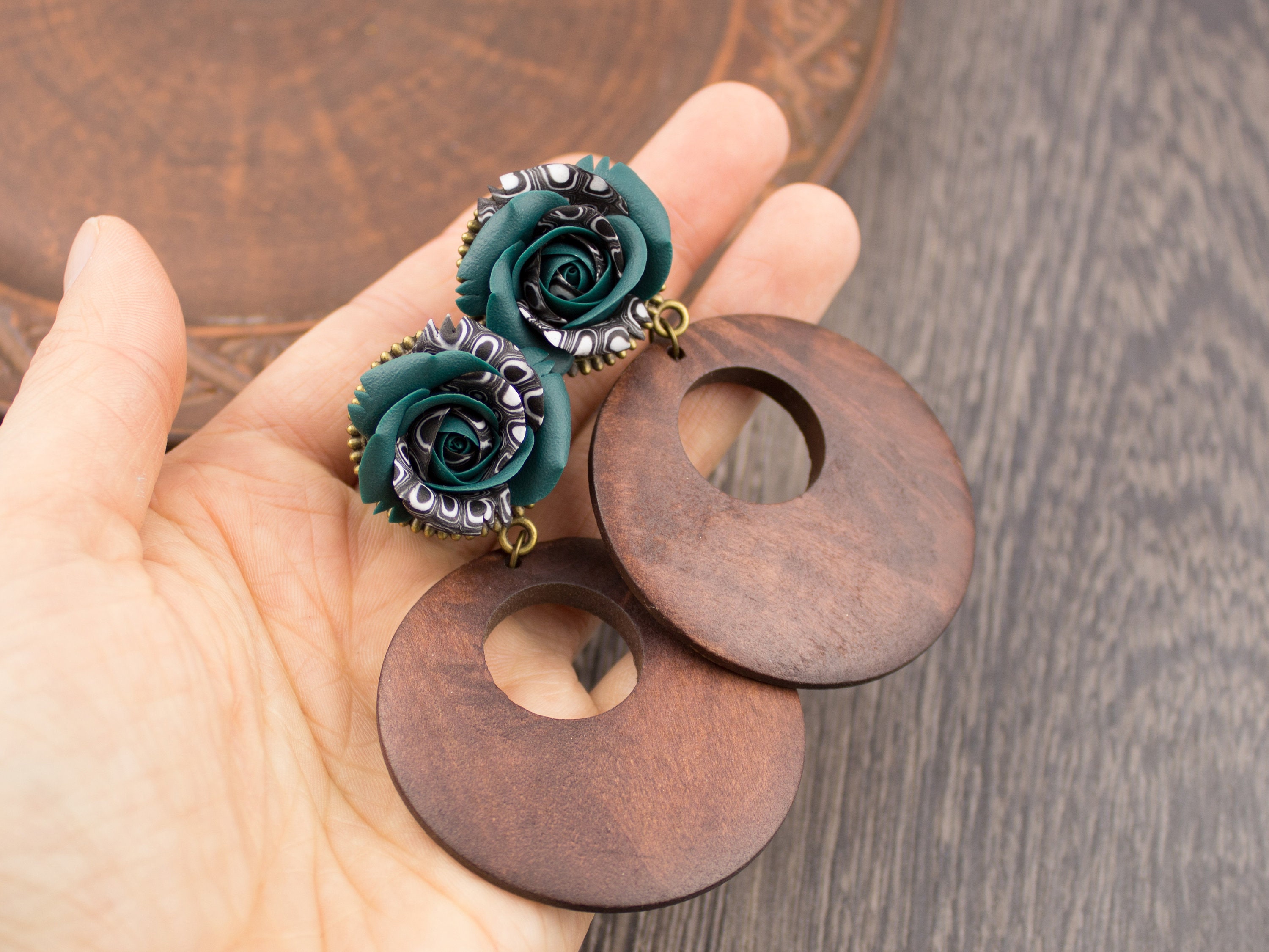 Teal rose plug earrings Wooden tunnels and gauges Unique | Etsy