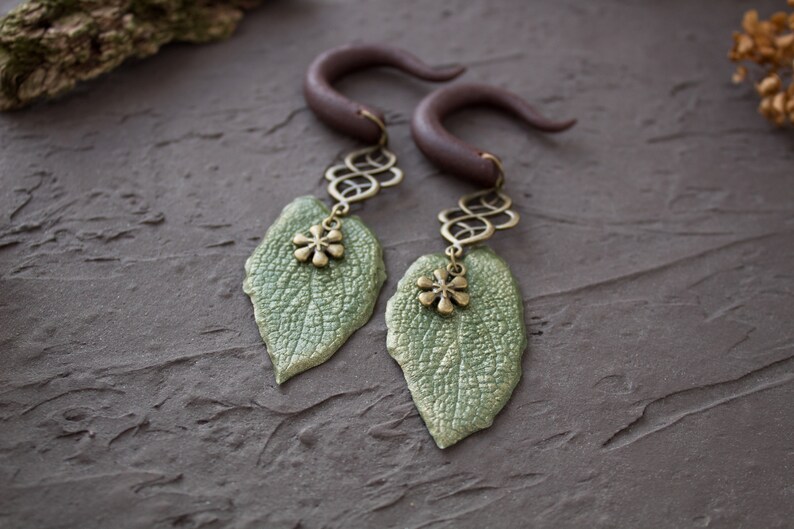 Dangle Ear Gauges Green Leaf Gauge Earrings Floral Ear Weights | Etsy