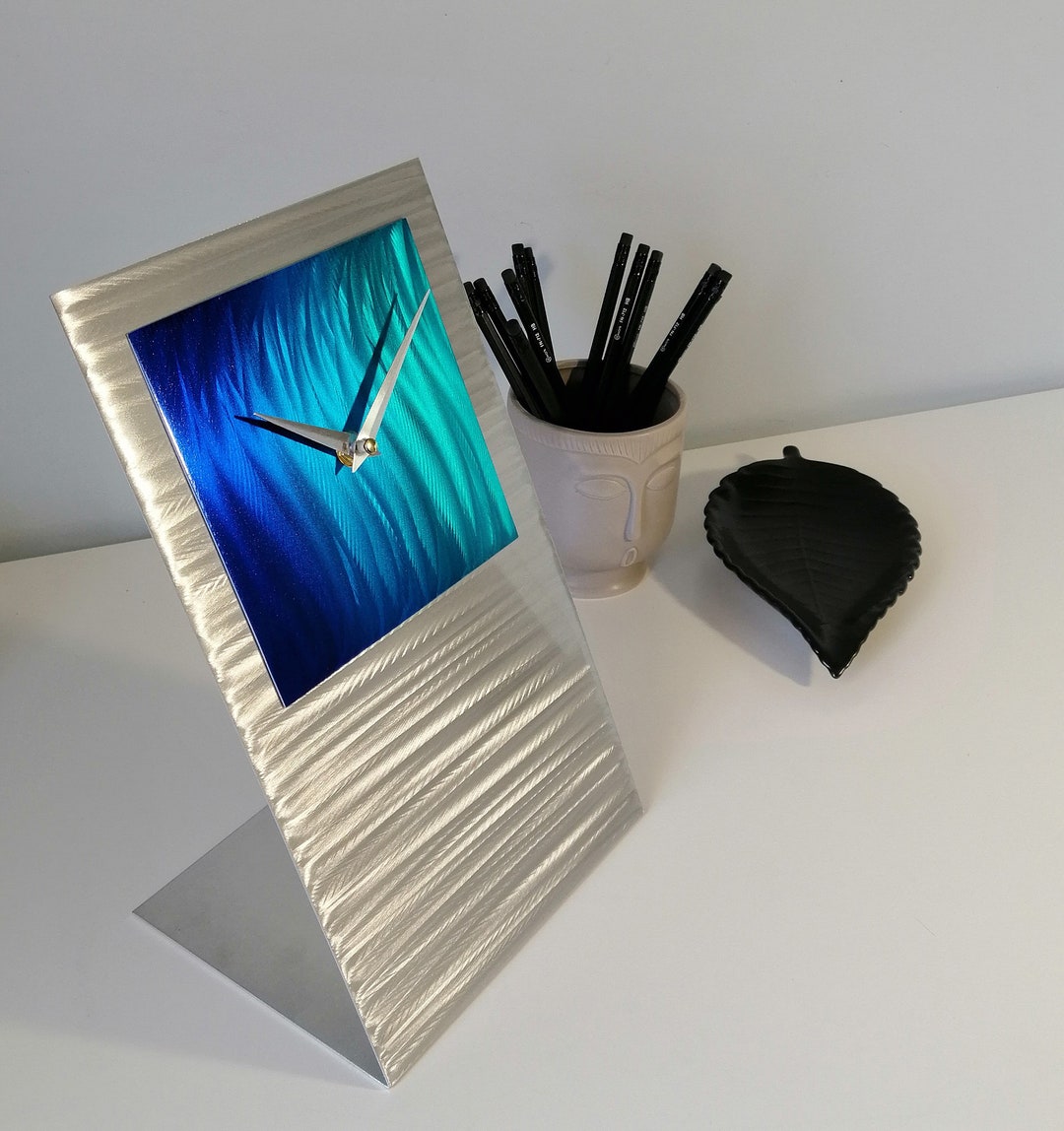 Blue-teal Modern Desk Clock, Contemporary Table Clock, Abstract Desk ...