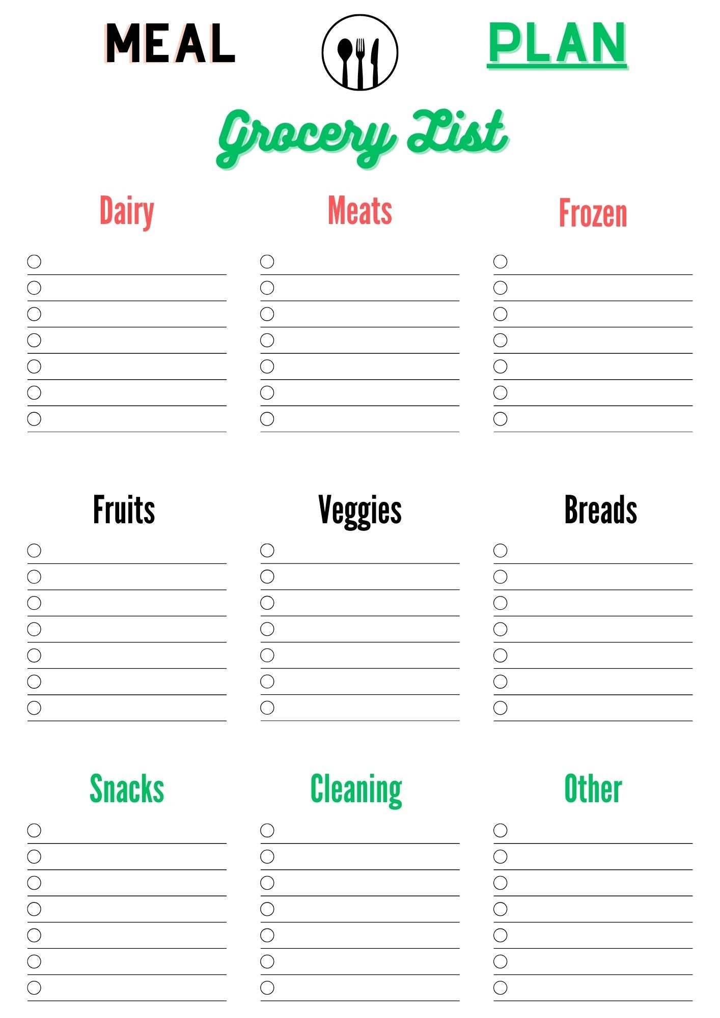 INSTANT DOWNLOAD Printable Weekly Menu Planner Template | Grocery List ...