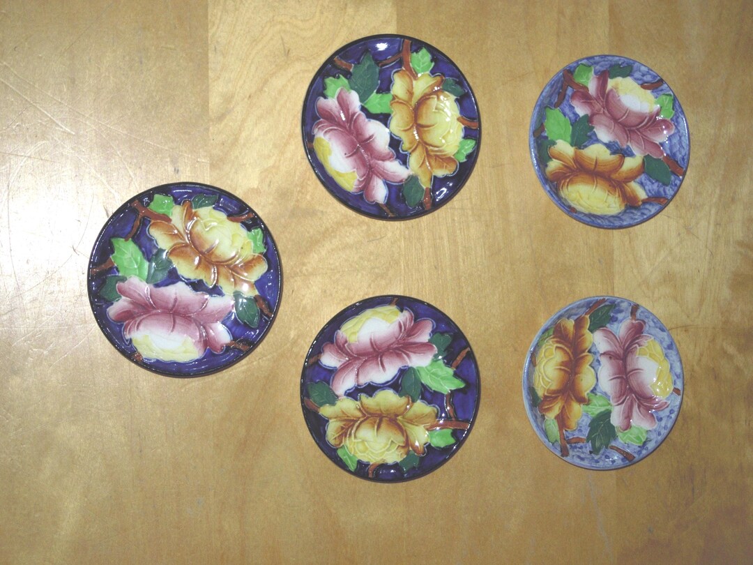 5 Art Deco MALING England Blue LUSTRE WARE Floral Peony Small Pin Dish ...